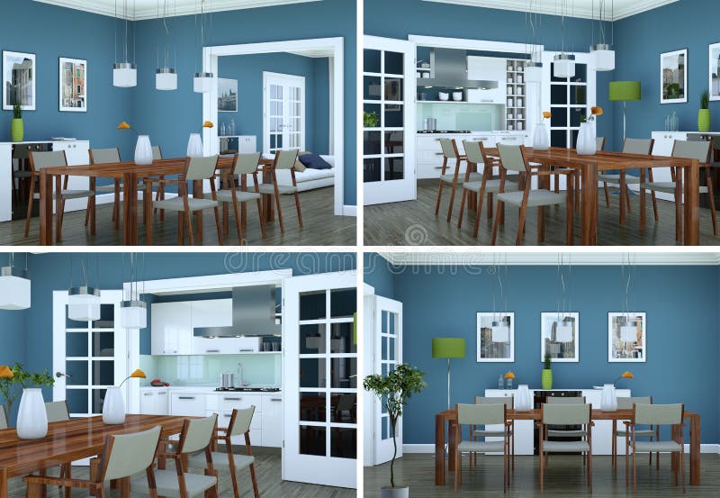 Four Views of Dining Room Interior Design in Modern Appartment Stock ...