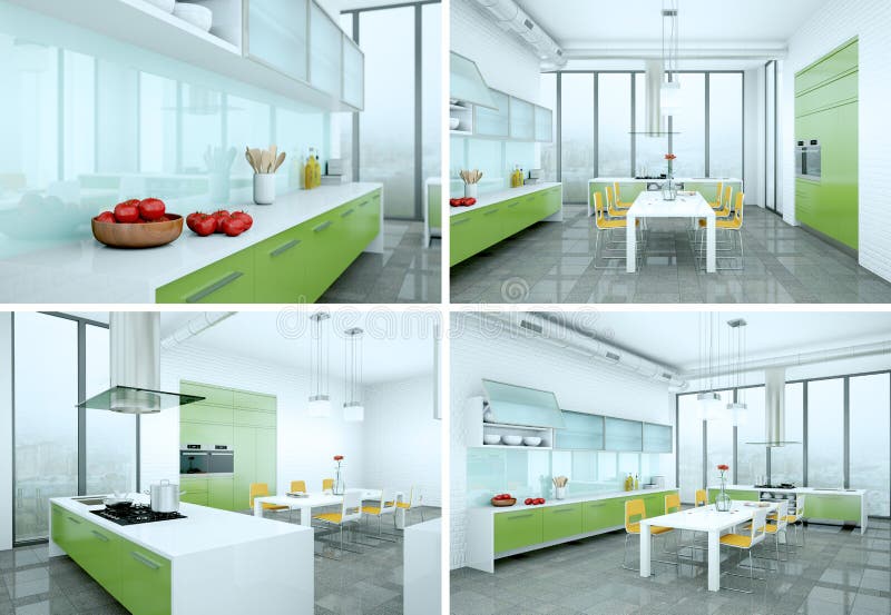Four Views of Modern Kitchen with a Beautiful Design Stock Illustration ...