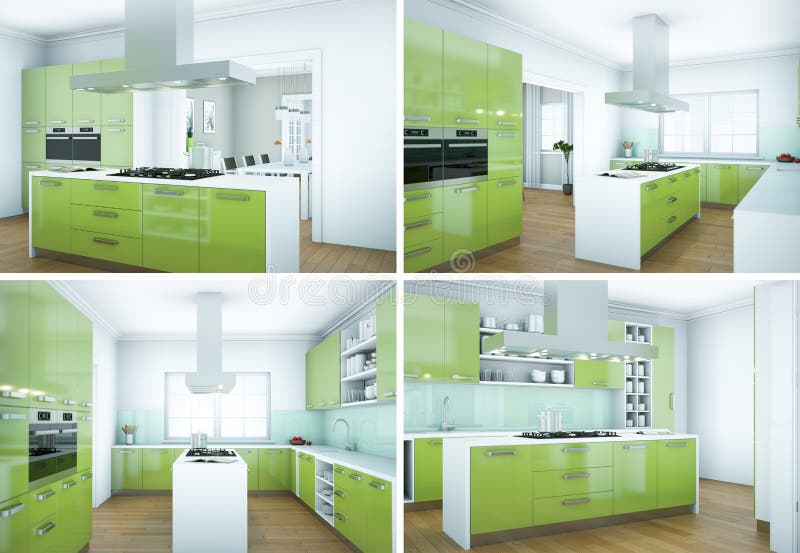 Four Views of Modern Kitchen with a Beautiful Design Stock Illustration ...