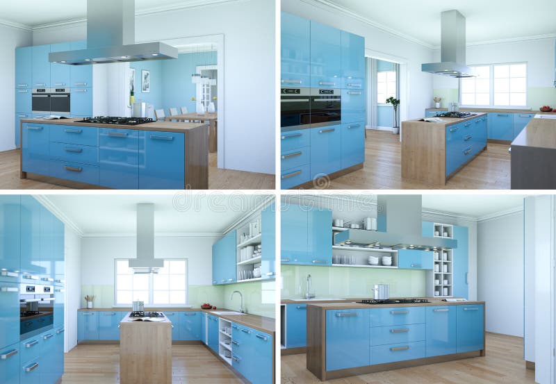Four Views of Modern Kitchen with a Beautiful Design Stock Illustration ...