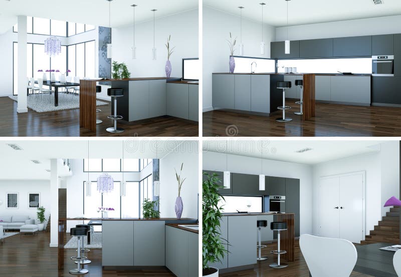 Four Views of Modern Kitchen with a Beautiful Design Stock Illustration ...