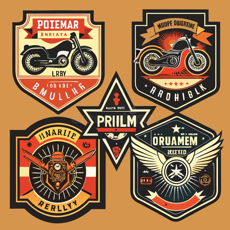 Four Vintage Motorcycle Themed Emblems with Different Designs Stock ...