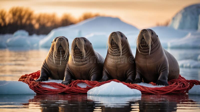 Four Walrus Resting on Ice Floes at Sunset Stock Illustration ...