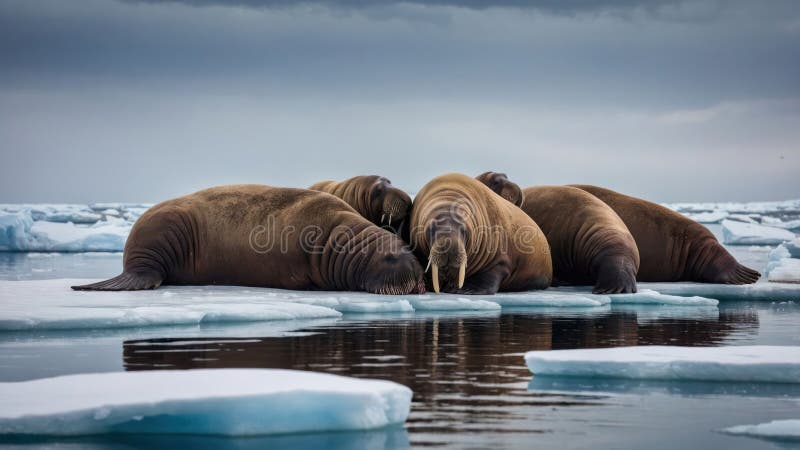 Four Walruses Resting on Ice Floes in a Calm Arctic Sea Stock ...