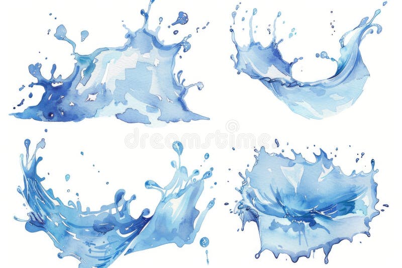 Four Water Splashes on a Clean White Surface, Ideal for Showcasing ...