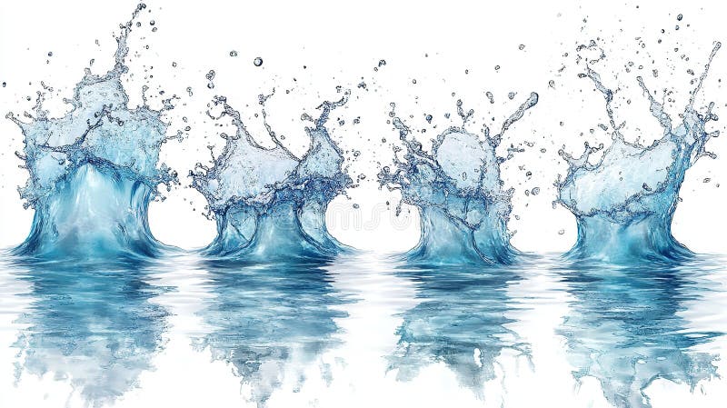 Four Water Splashes with Reflections on White Background Stock ...