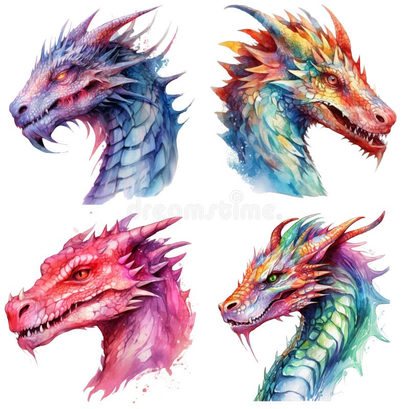 Four Watercolor Dragon Heads in Profile View Stock Image - Illustration ...