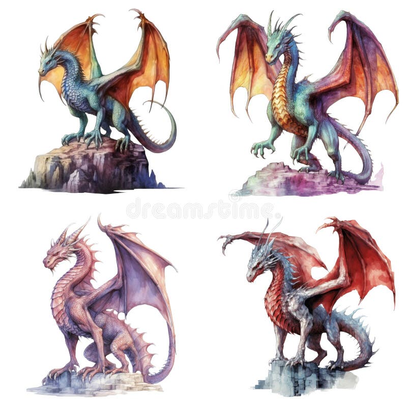Four Watercolor Dragons on Rocks with Wings Spread Stock Illustration ...