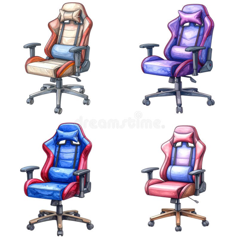 Four Watercolor Gaming Chairs in Various Colors Stock Illustration ...