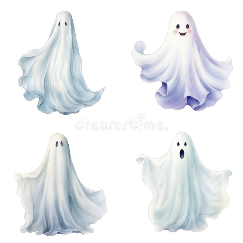 Four Watercolor Ghosts with Varying Expressions Stock Illustration ...