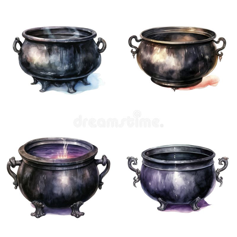 Four Watercolor Illustrations of Black Cauldrons with Elaborate Handles ...