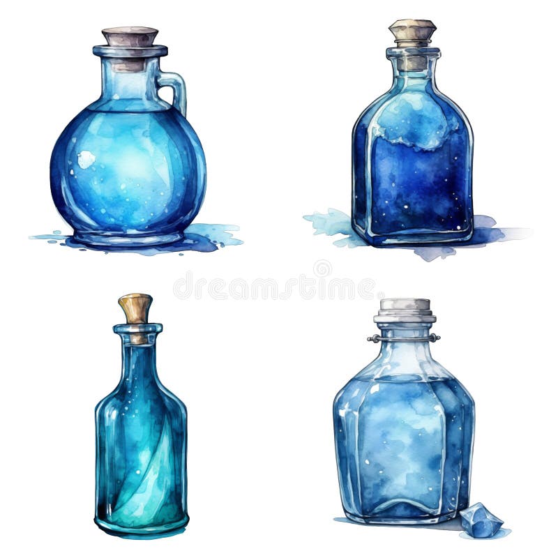 Four Watercolor Illustrations of Blue Glass Bottles Stock Photo ...