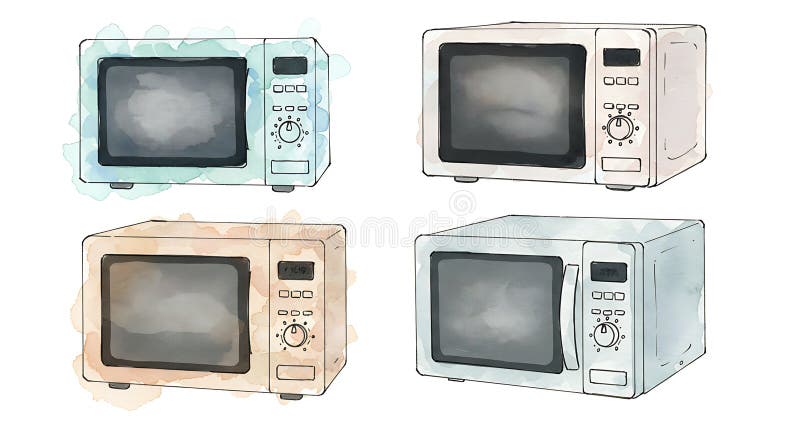 Four Watercolor Illustrations of Microwaves Arranged in a Grid Pattern ...