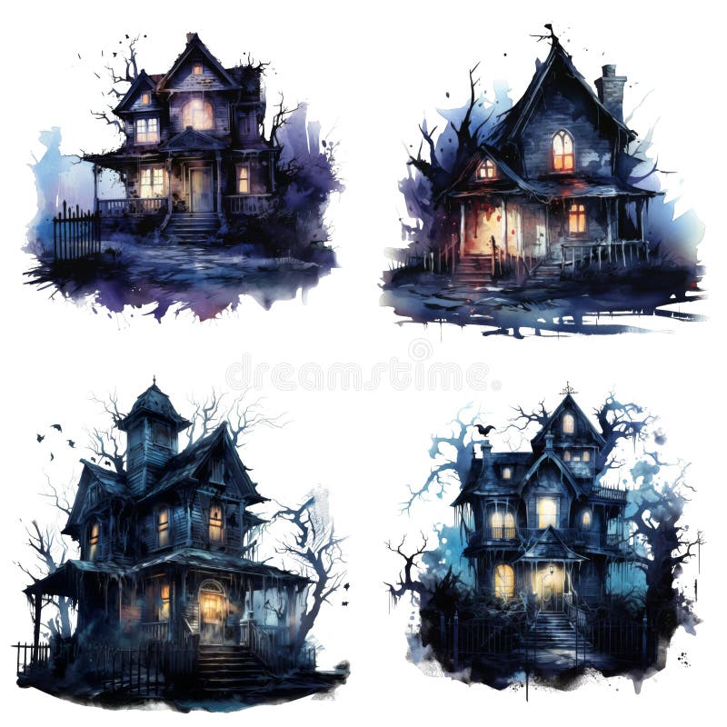 Four Watercolor Illustrations of Spooky Haunted Houses Stock Photo ...