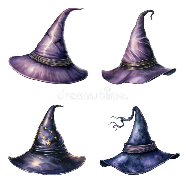 Four Watercolor Illustrations of Wizard Hats Stock Photo - Illustration ...