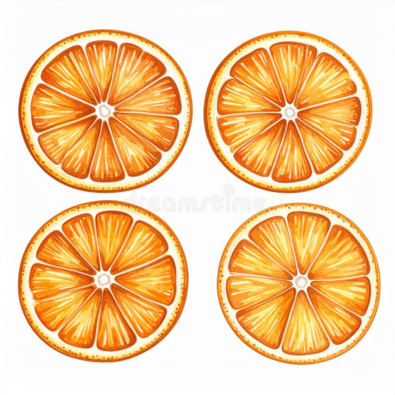 Four Watercolor Orange Slices on White Background Stock Illustration ...