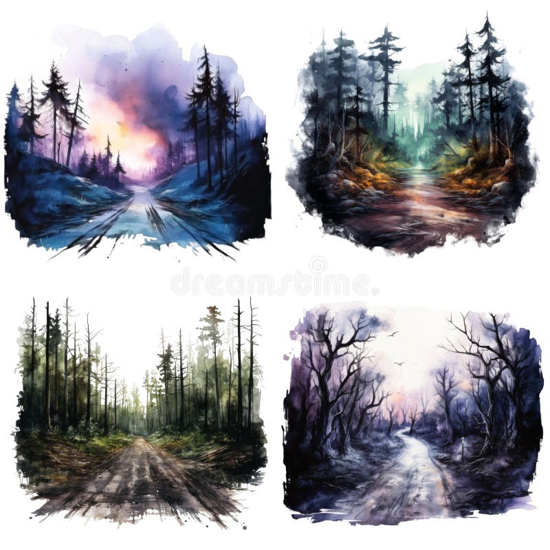 Four Watercolor Paintings of Forest Paths with Different Moods Stock ...