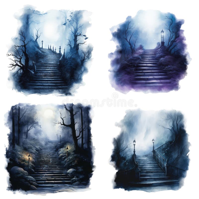 Four Watercolor Paintings of Mystical Stone Steps in a Forest Stock ...