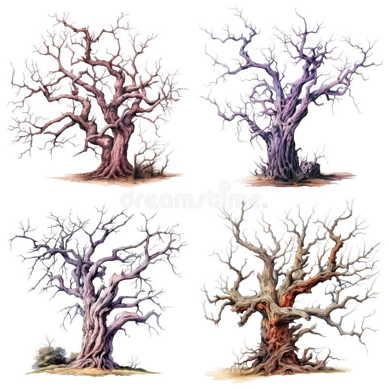 Four Watercolor Paintings of Old, Bare Trees Stock Illustration ...