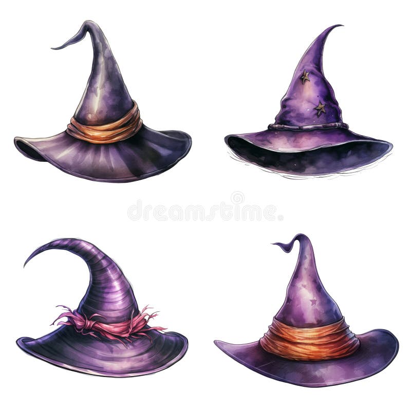 Four Watercolor Witch Hats with Different Designs Stock Image ...