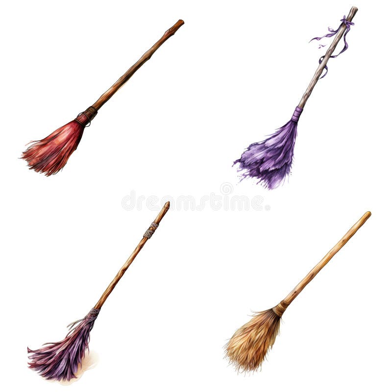 Four Watercolor Witch S Brooms with Different Colored Bristles Stock ...