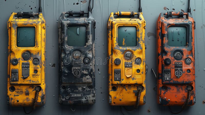 Four Weathered Communication Devices in Yellow Black and Orange Mounted ...