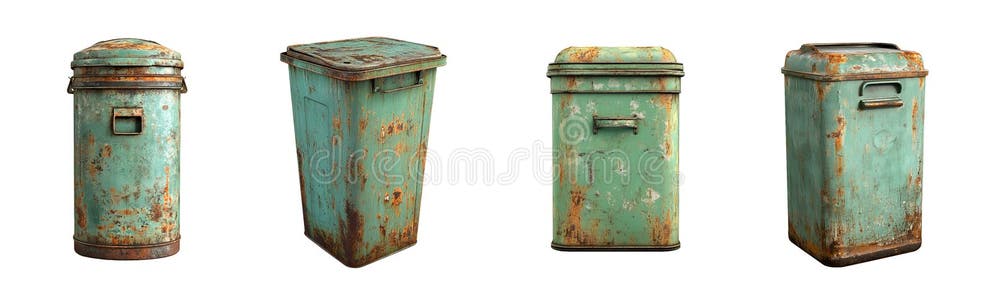 Four Weathered, Rusty Trash Cans, Each with a Unique Shape and Size ...