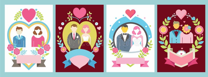 Four Wedding Invitation Cards Bride Groom Themed Template Collection ...