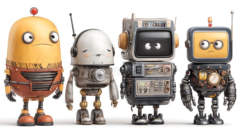 Four Whimsical Retro Robots in a Row Against White Background Stock Illustration - Illustration ...