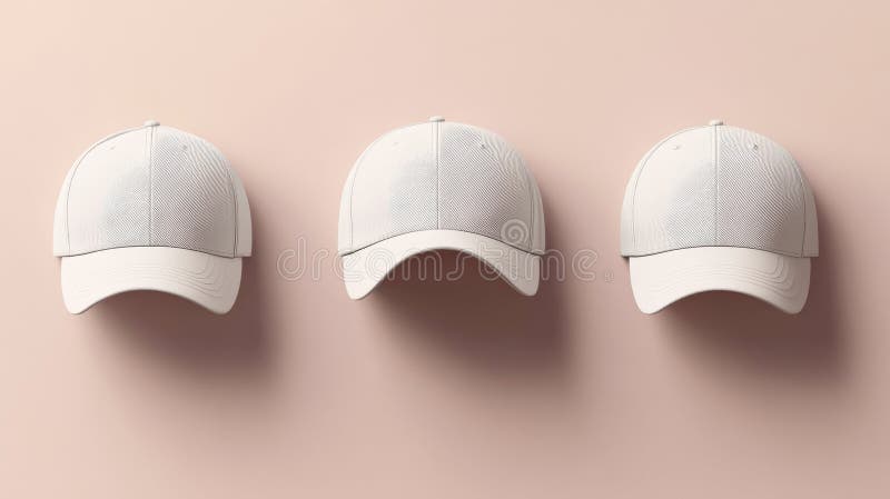 Four White Baseball Caps Showcased Against a Beige Backdrop Stock Photo ...