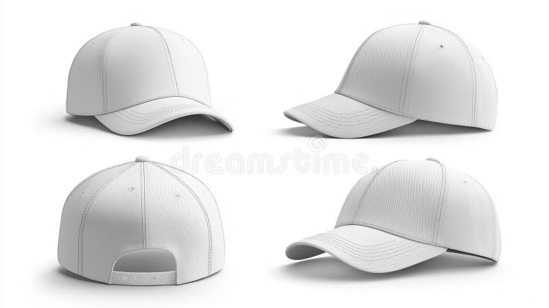White Baseball Caps Displayed from Multiple Angles on a Plain ...