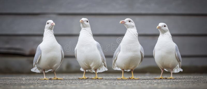 Four White Birds Standing in a Row on Pavement Stock Photo - Image of ...