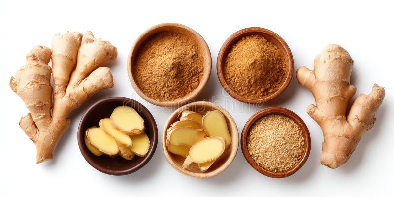 Four White Bowls Filled with Fresh Ginger and Two Bowls of Granulated ...