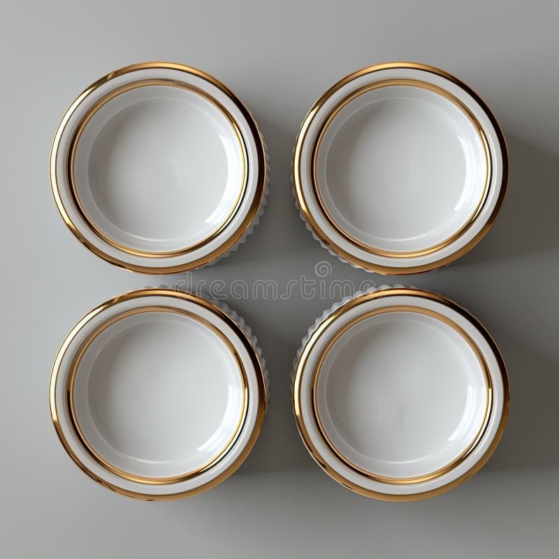 Four White Bowls with Gold Trim Stock Illustration - Illustration of ...