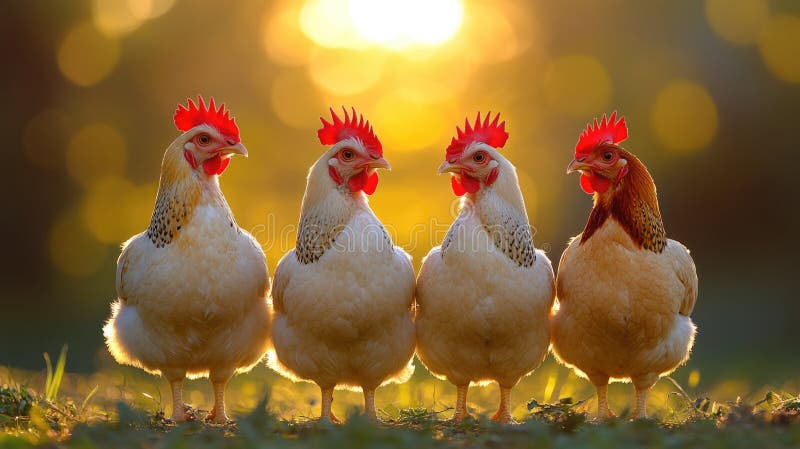 Four White Chickens in Golden Sunset Light with Vibrant Red Combs Stock Image - Image of scene ...