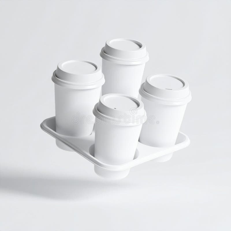 Four White Coffee Cups in a Carrier on White Background Stock ...