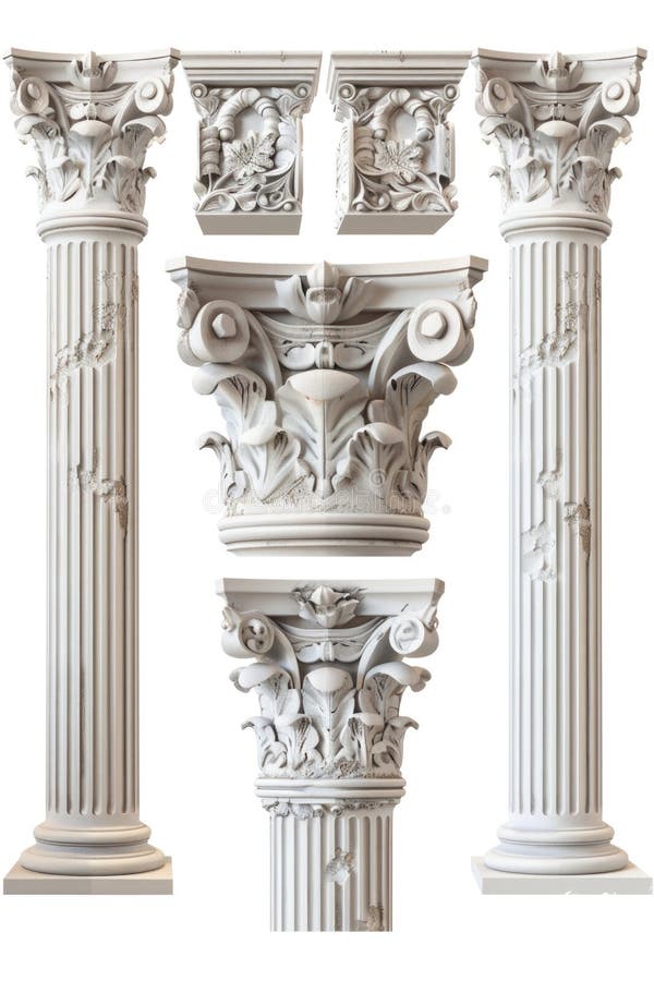 Four White Columns with Intricate Carvings, Ideal for Architectural ...