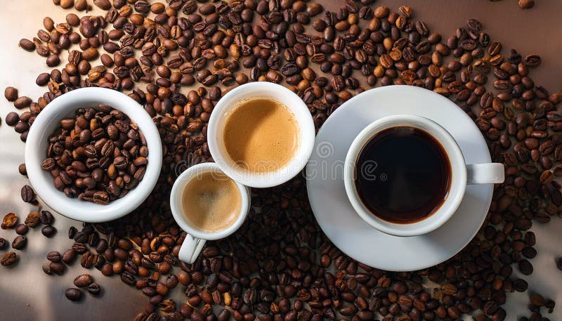 Four White Generic Coffee Cups on a Table with Coffee Beans Around the ...