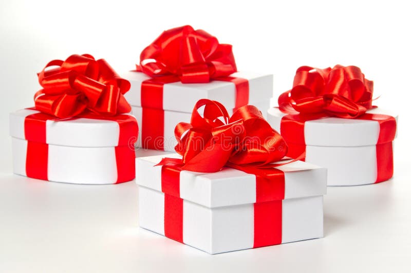 Four White Gift Boxes with Red Satin Ribbon Stock Image - Image of ...
