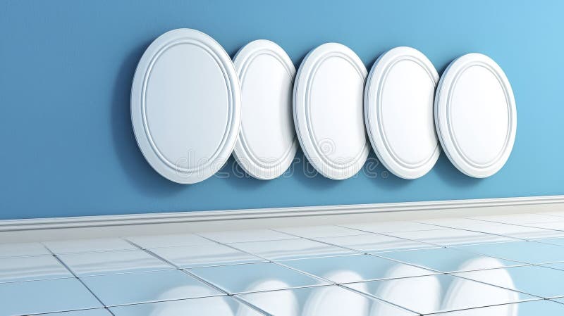 Four White Oval Frames on Light Blue Wall Minimalist Interior Stock ...