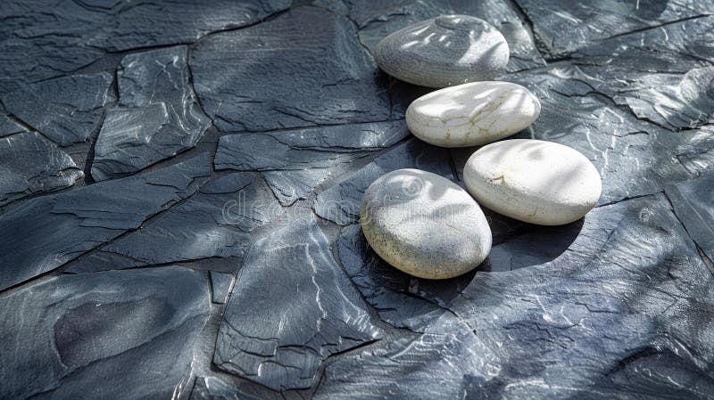 Four White Pebbles on Black Stones. Stock Image - Image of background ...