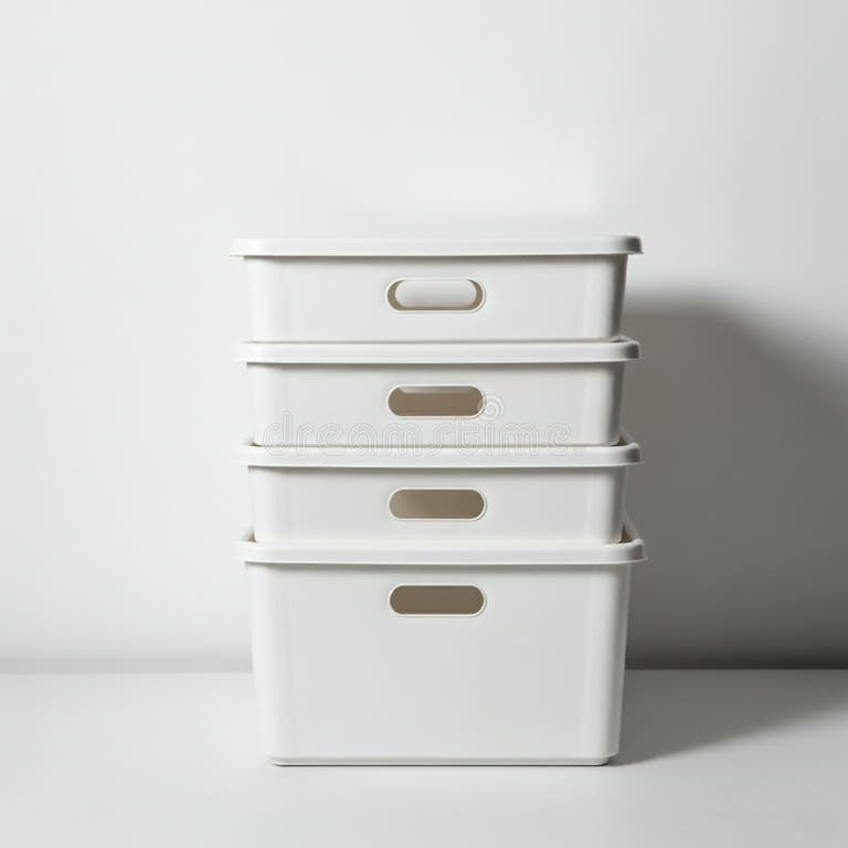 Four White Plastic Storage Boxes are Neatly Stacked. Each Box Has a ...
