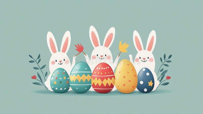 Four White Rabbits with Decorated Easter Eggs on Pastel Green ...