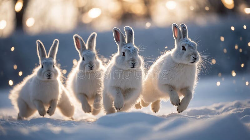 Four White Rabbits Running in Snowy Winter Landscape Stock Illustration ...