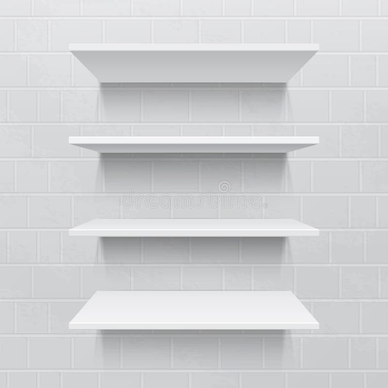 Four White Realistic Shelves Against Brick Wall Stock Illustration ...