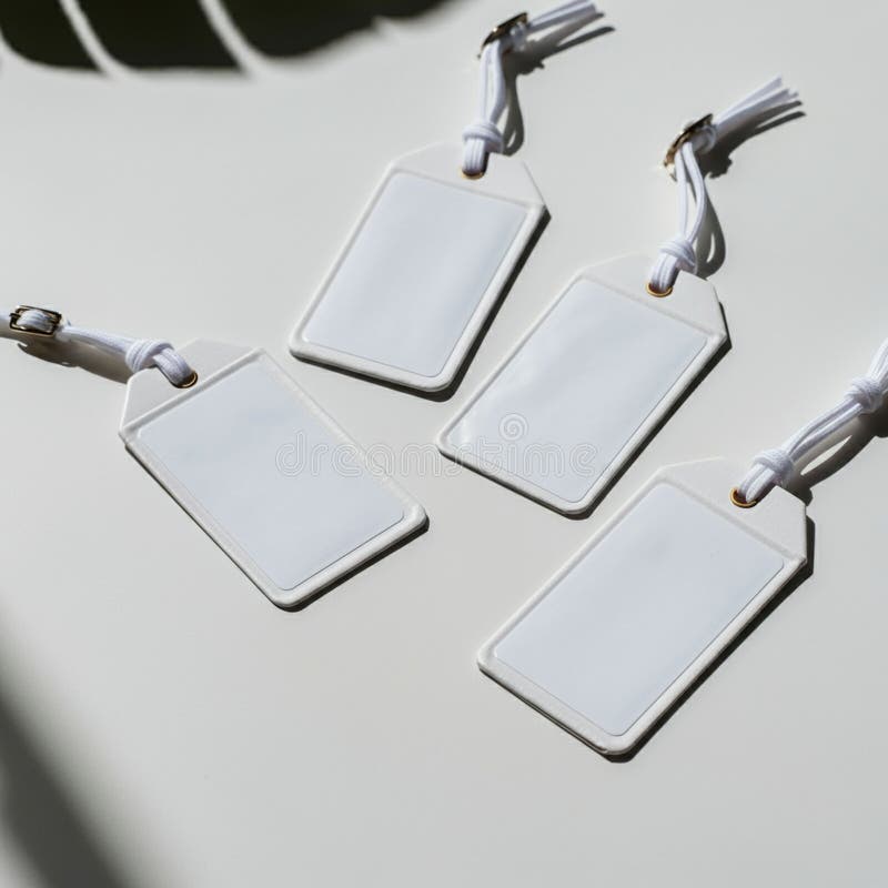 Four White Rectangular Luggage Tags with Attached Loops are Arranged on ...