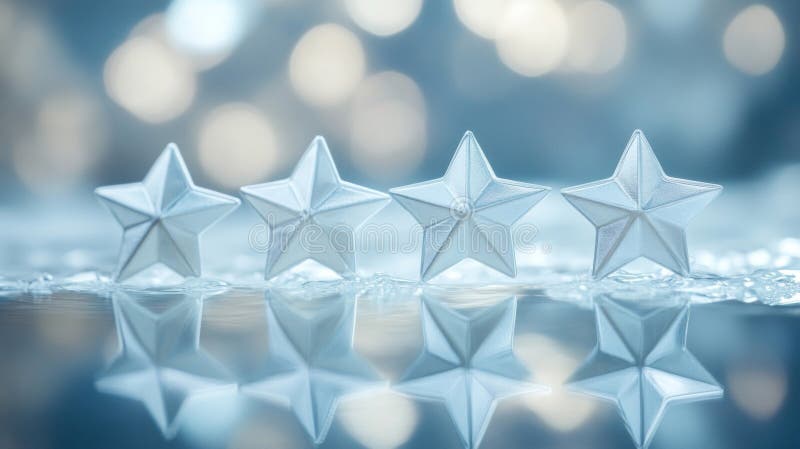 Four White Shiny Stars on Reflective Surface with Blue Bokeh Background ...