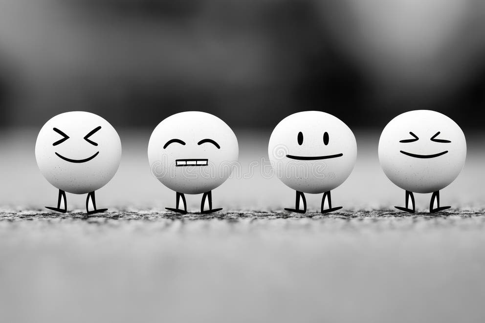 Four White Spheres with Expressive Faces and Tiny Legs Stock ...