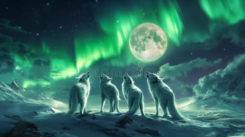 Four White Wolves Howling at the Full Moon Under the Northern Lights ...