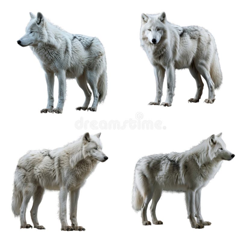 Four White Wolves Standing Isolated on White Background Stock Photo ...